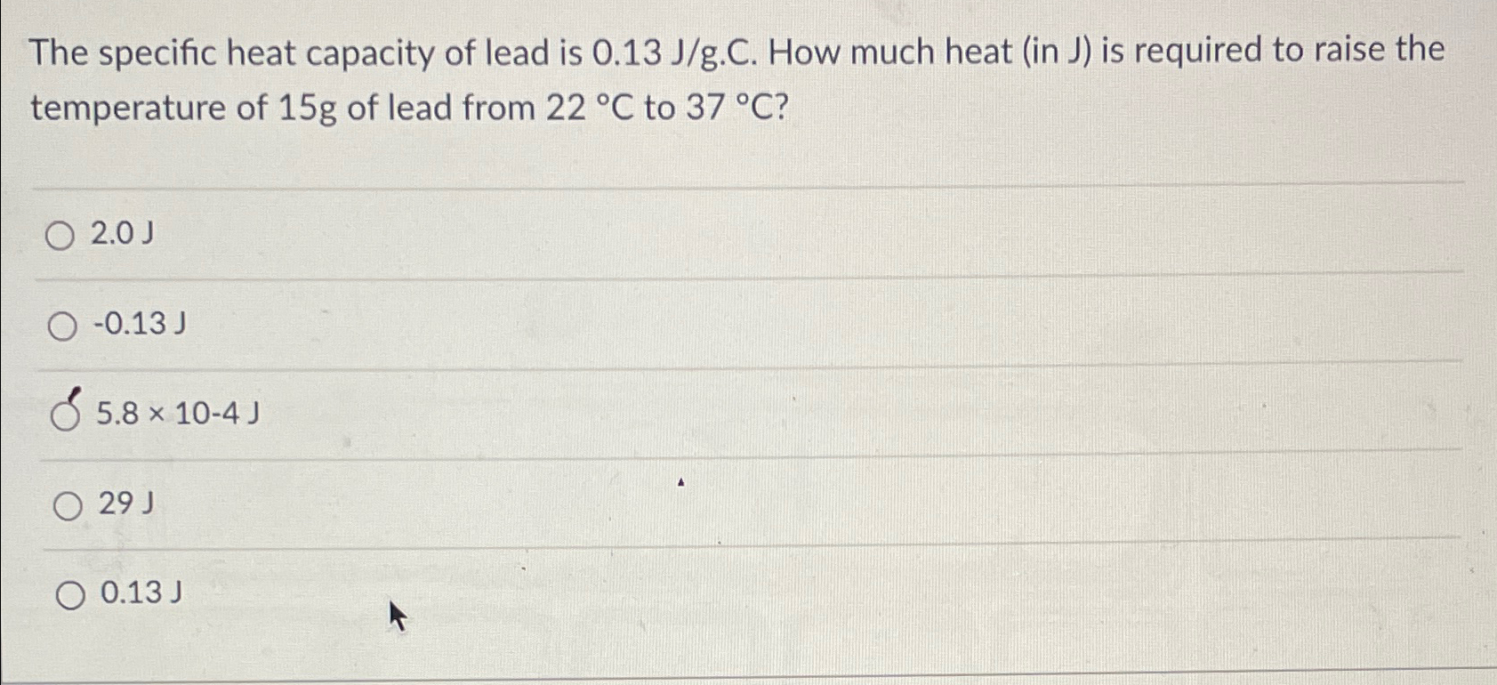 Solved The specific heat capacity of lead is 0.13Jg.C. ﻿How | Chegg.com