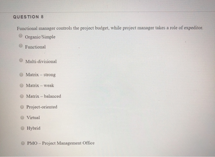 Solved QUESTION 8 Functional manager controls the project | Chegg.com