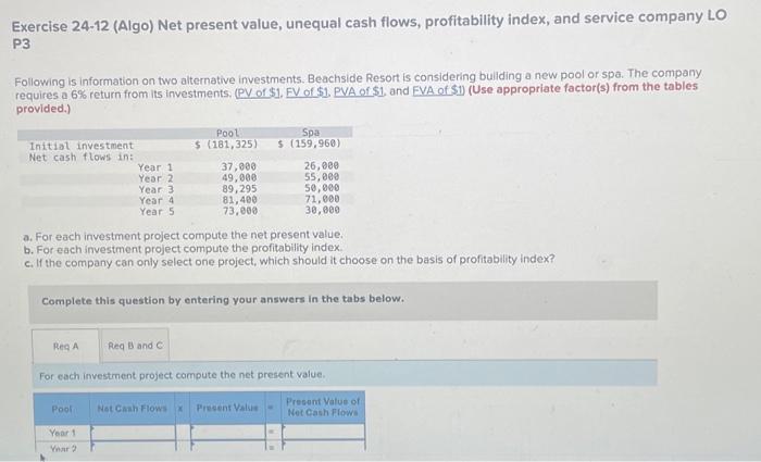 Solved Exercise 24-12 (Algo) Net present value, unequal cash | Chegg.com
