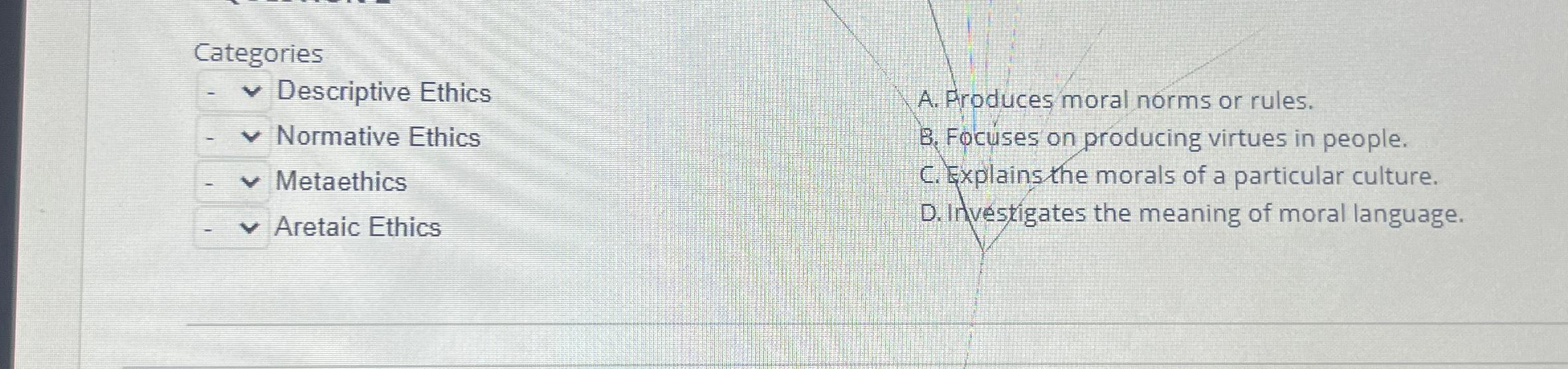 Solved Descriptive EthicsNormative EthicsMetaethicsAretaic | Chegg.com