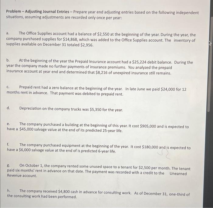Solved Problem - Adjusting Journal Entries - Prepare year | Chegg.com
