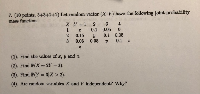 Solved 7. (10 points, 3+3+2+2) Let random vector (X,Y) have | Chegg.com