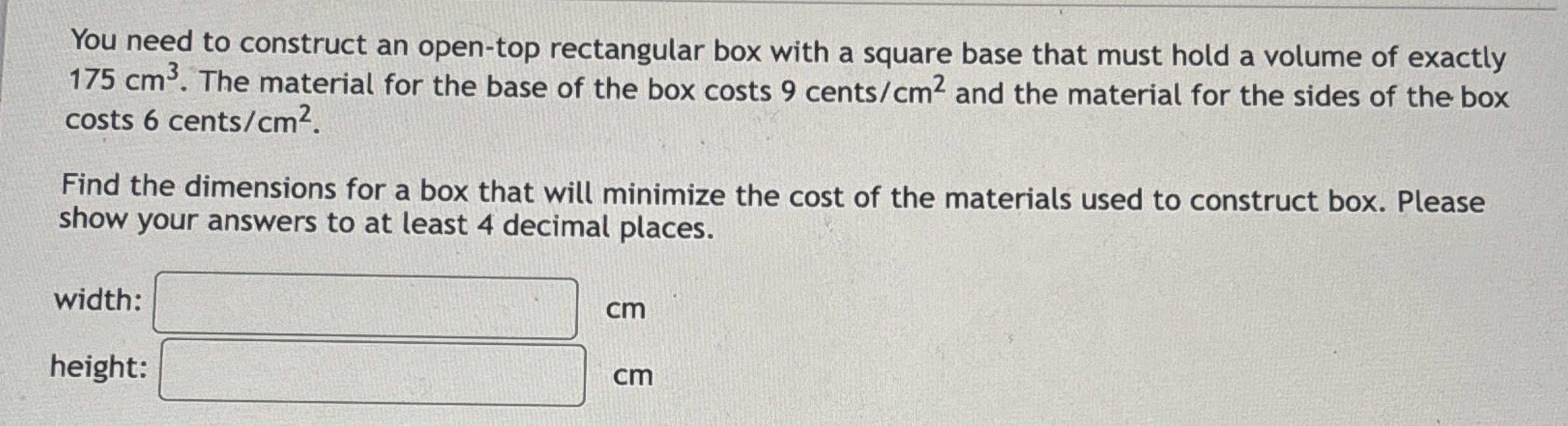 Solved You need to construct an open-top rectangular box | Chegg.com