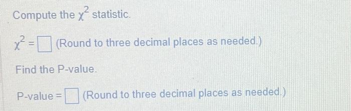 Solved Compute the χ2 statistic. χ2= (Round to three decimal | Chegg.com