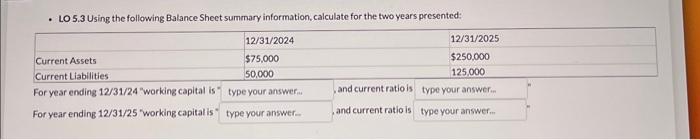 Solved - LO 5.3 Using the following Balance Sheet summary | Chegg.com