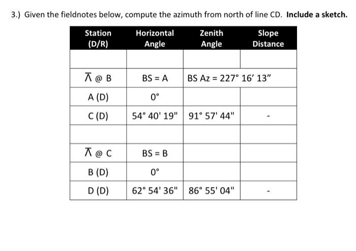 Solved 3.) Given the fieldnotes below, compute the azimuth | Chegg.com