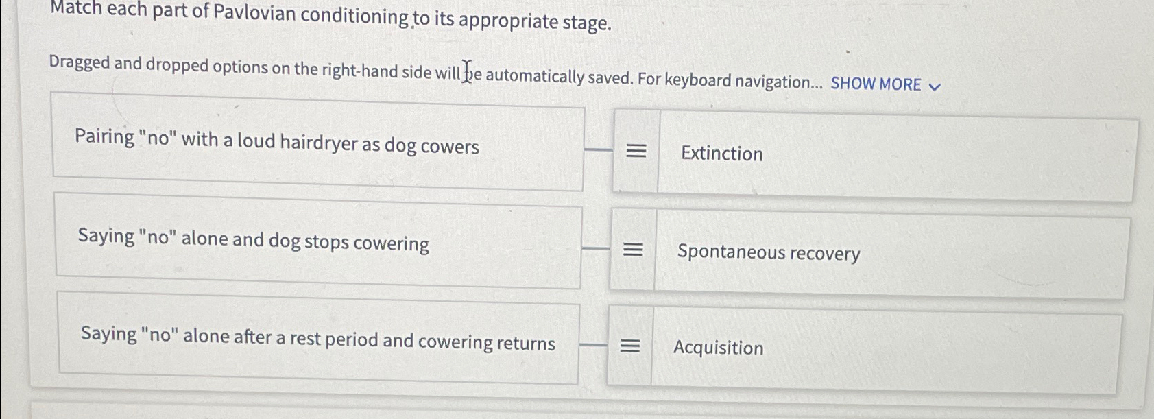 Solved Match each part of Pavlovian conditioning to its | Chegg.com