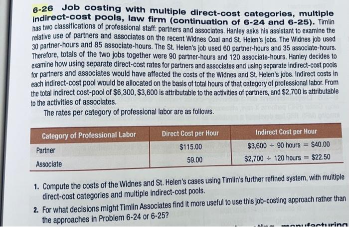 Solved 6-26 Job costing with multiple direct-cost | Chegg.com