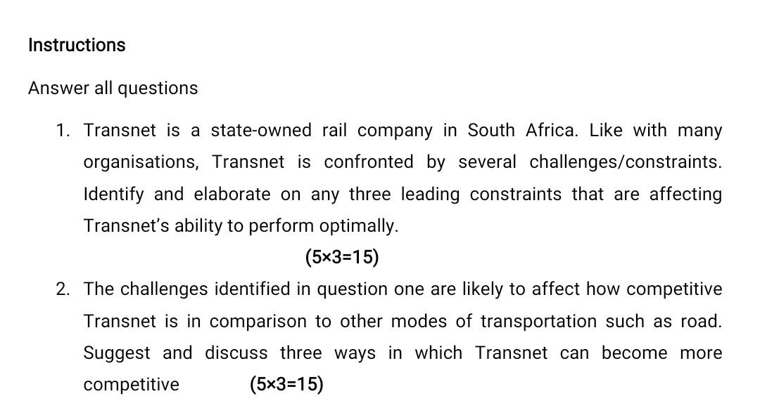 Solved nswer all questions 1. Transnet is a state-owned rail | Chegg.com