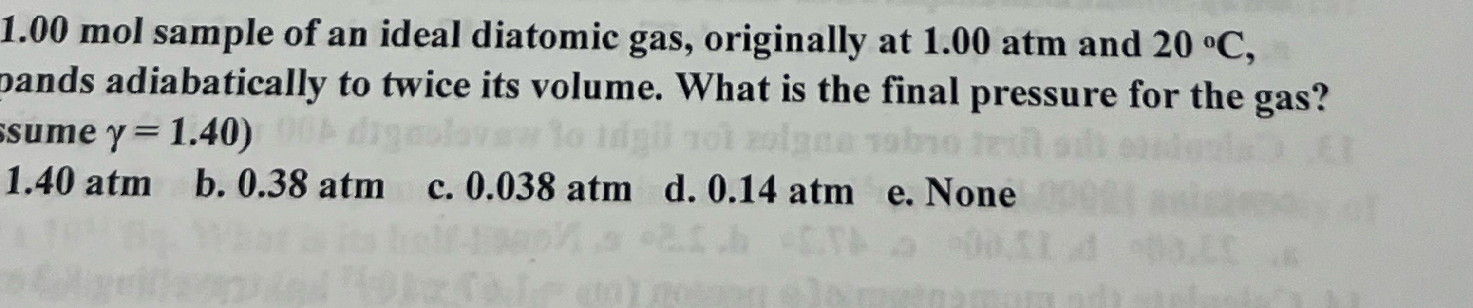 Solved 1.00mol sample of an ideal diatomic gas, originally | Chegg.com