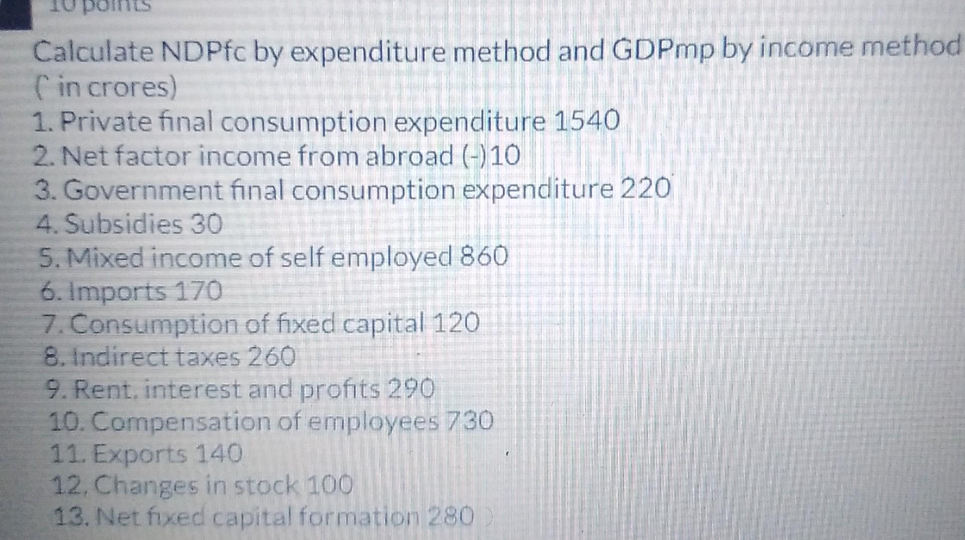 Solved Calculate NDPfc by expenditure method and GDPmp by | Chegg.com