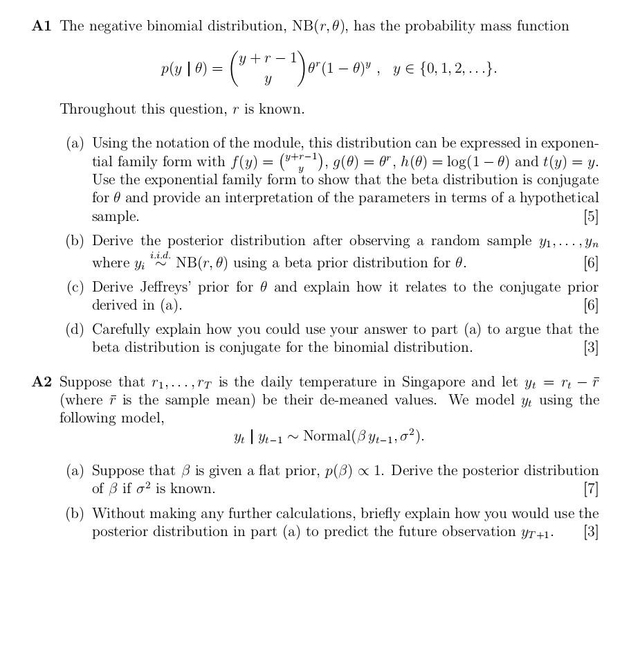 Solved A1 The negative binomial distribution, NB(r,θ), has | Chegg.com