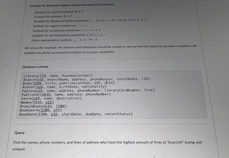 Solved Symbols for Relational Aleebra Expressions and Other | Chegg.com