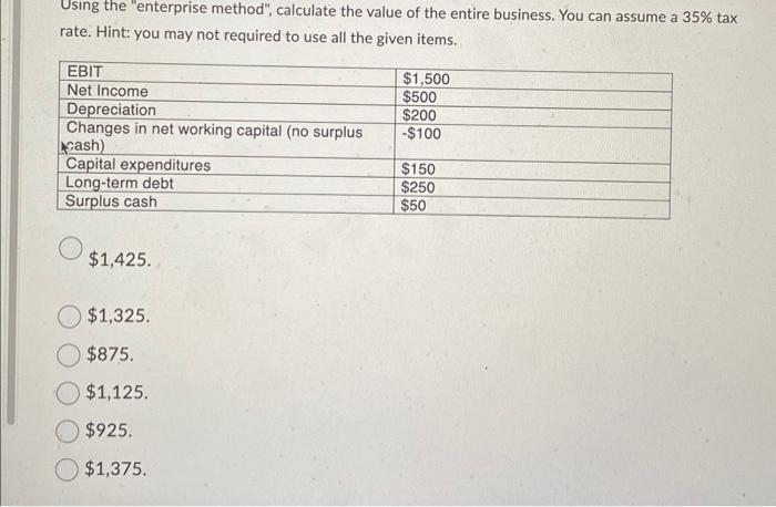 Solved Using the "enterprise method", calculate the value of | Chegg.com