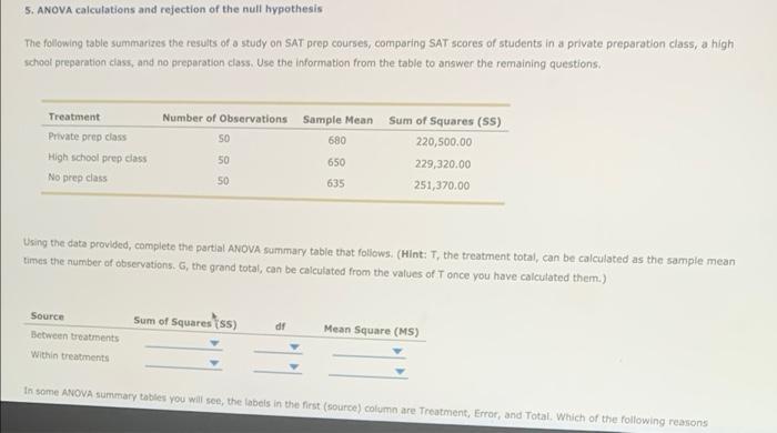 Solved 5. ANOVA calculations and rejection of the null | Chegg.com