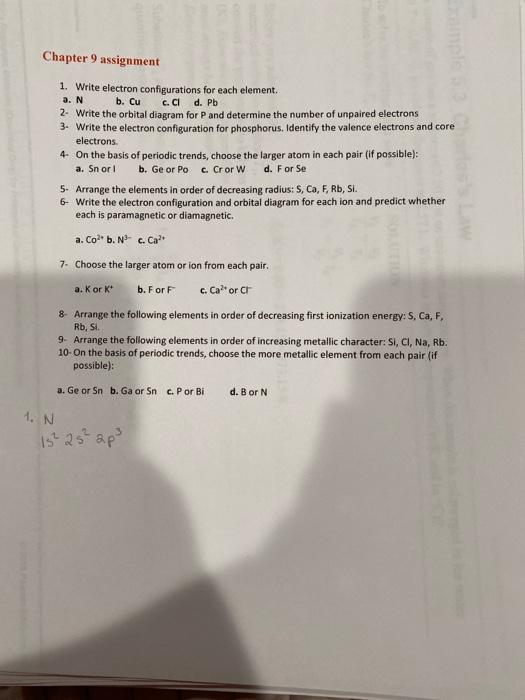 Solved Chapter 9 assignment 1. Write electron configurations | Chegg.com