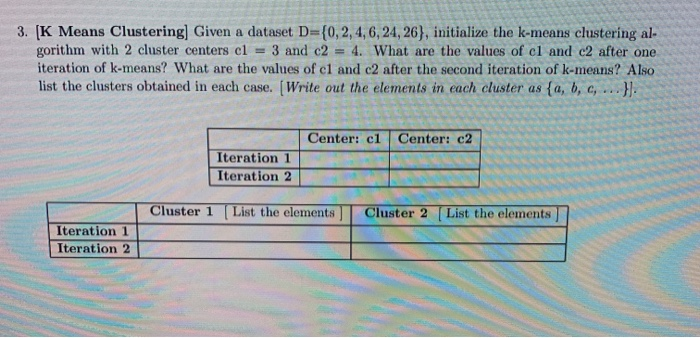 Solved 3. (K Means Clustering] Given a dataset D={0,2, 4, 6, | Chegg.com