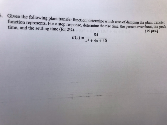 Solved 5. Given the following plant transfer function, | Chegg.com