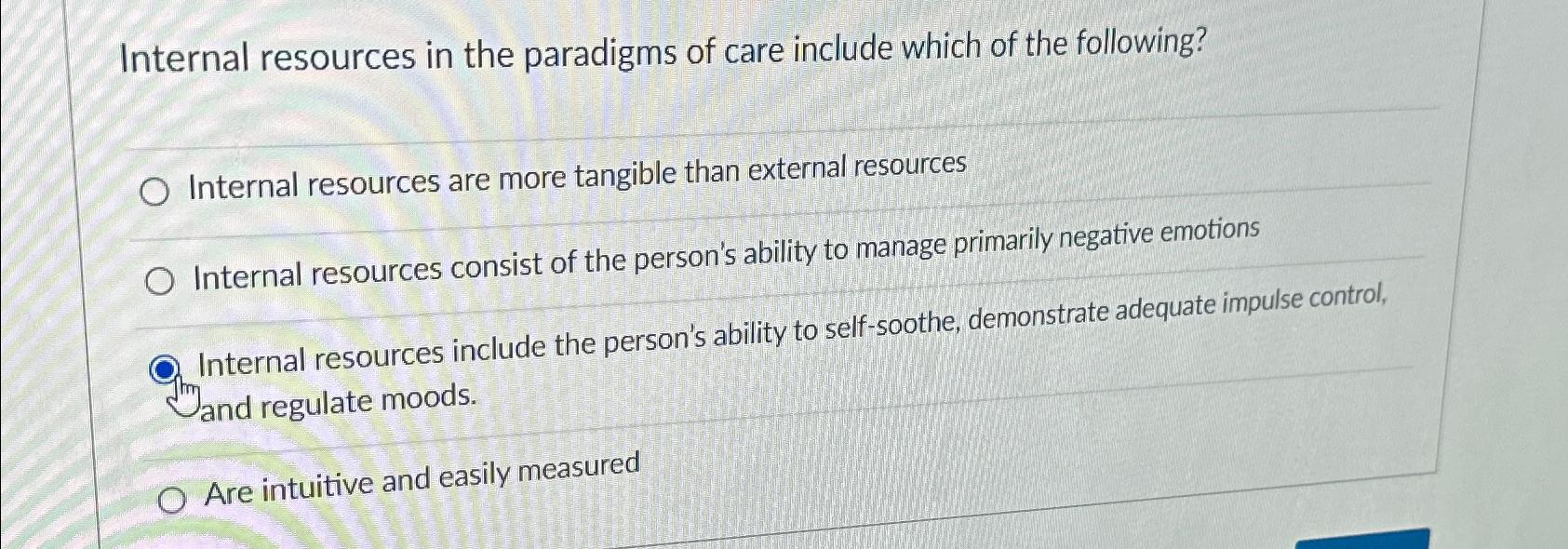 Solved Internal resources in the paradigms of care include | Chegg.com