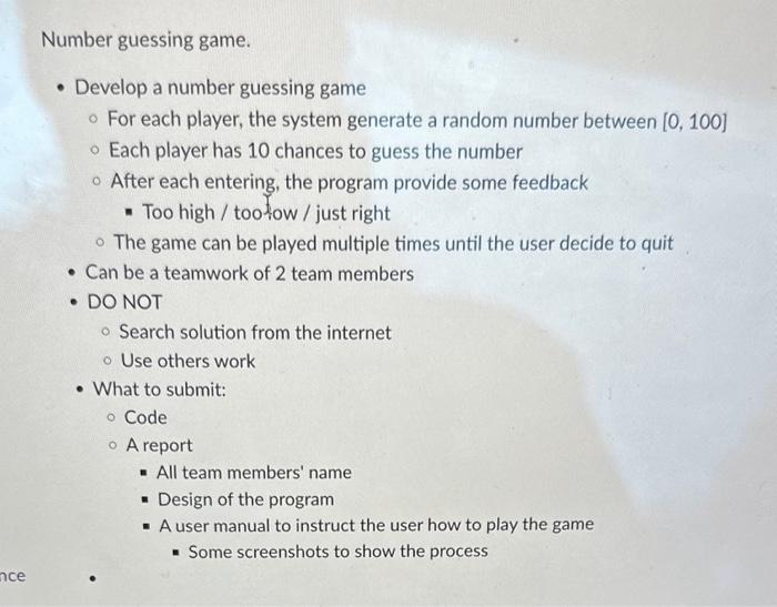 Solved - Develop a number guessing game For each player, the | Chegg.com