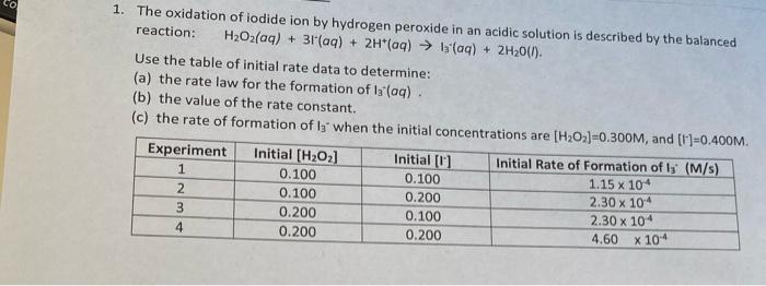 Solved 1. The oxidation of iodide ion by hydrogen peroxide | Chegg.com