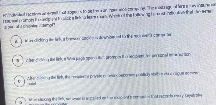 Solved An individual receives an email that appears to be | Chegg.com