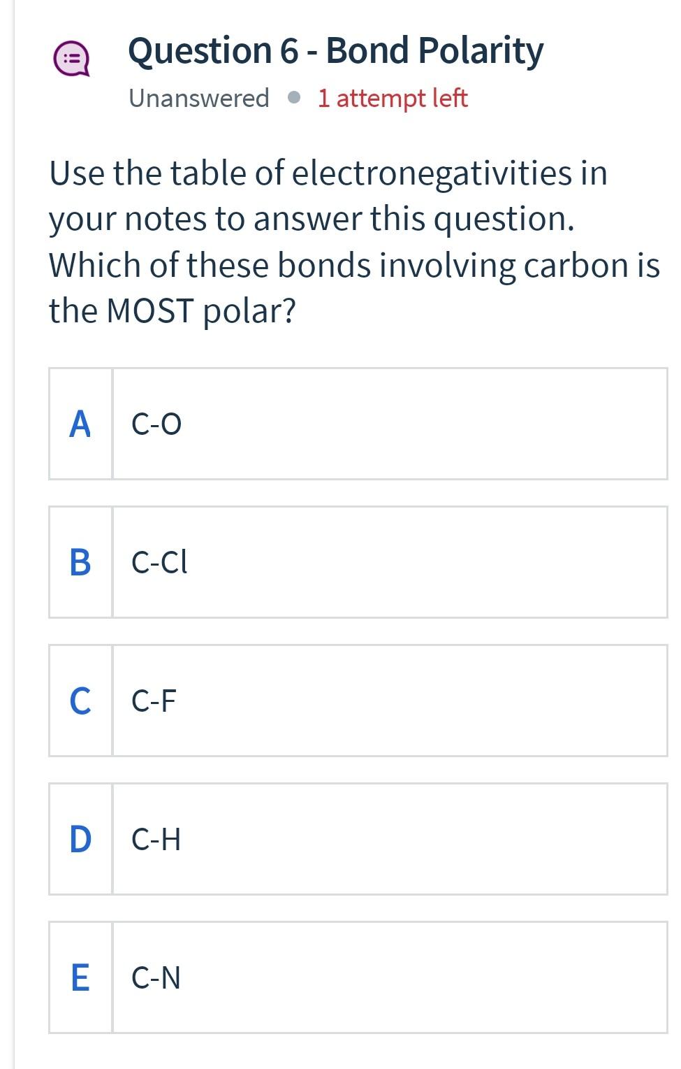 Solved Question 6 - Bond Polarity Unanswered 1 attempt left | Chegg.com