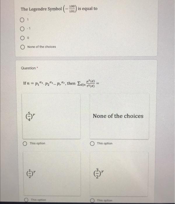 Solved The Legendre Symbol (109) is equal to O O-1 0 None of | Chegg.com