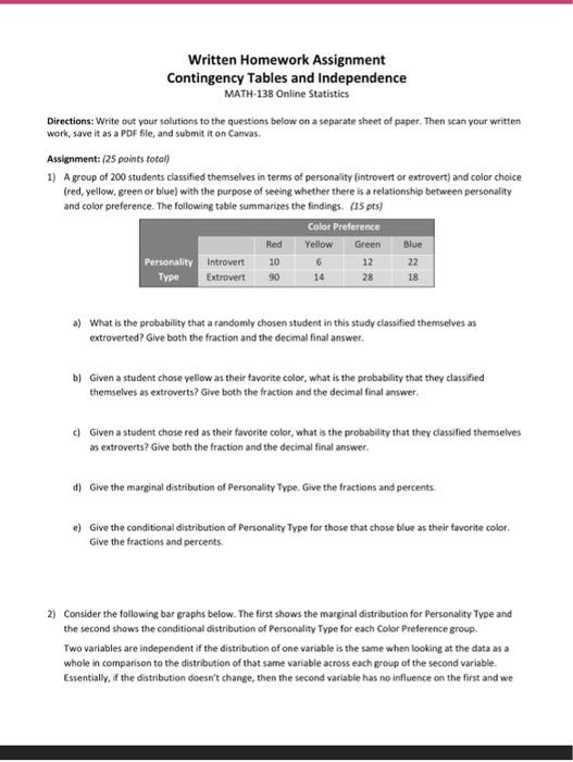 Solved Written Homework Assignment Contingency Tables and | Chegg.com
