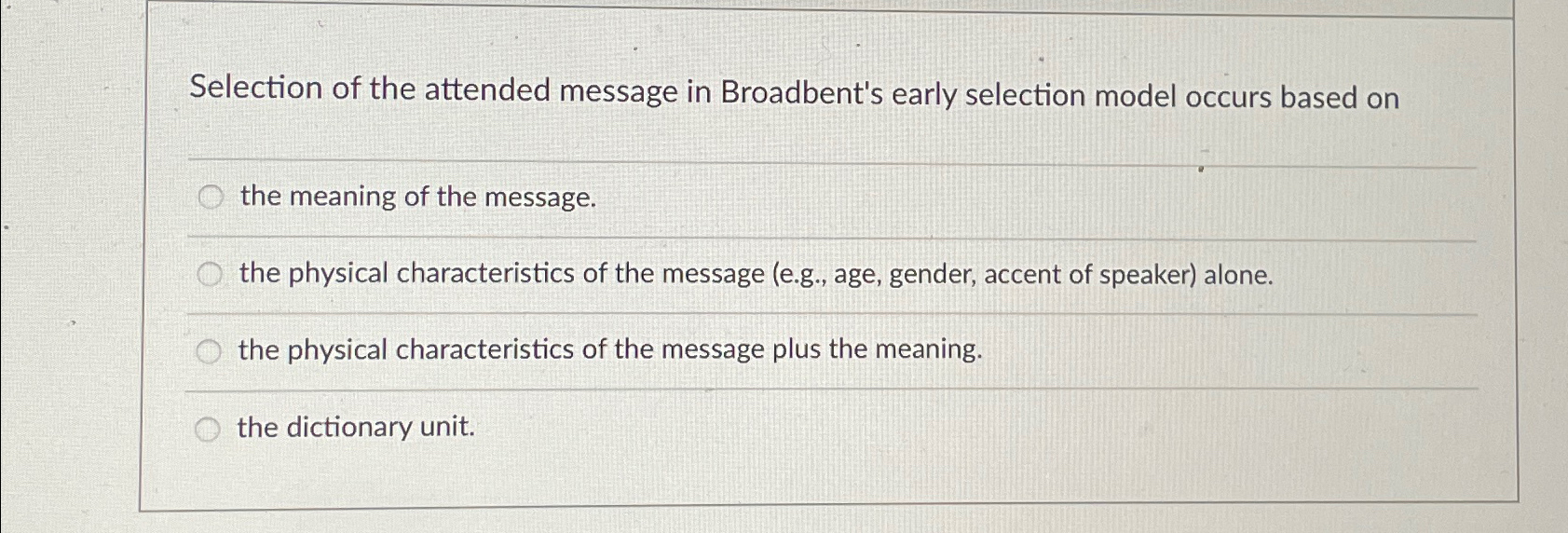 Solved Selection of the attended message in Broadbent's | Chegg.com