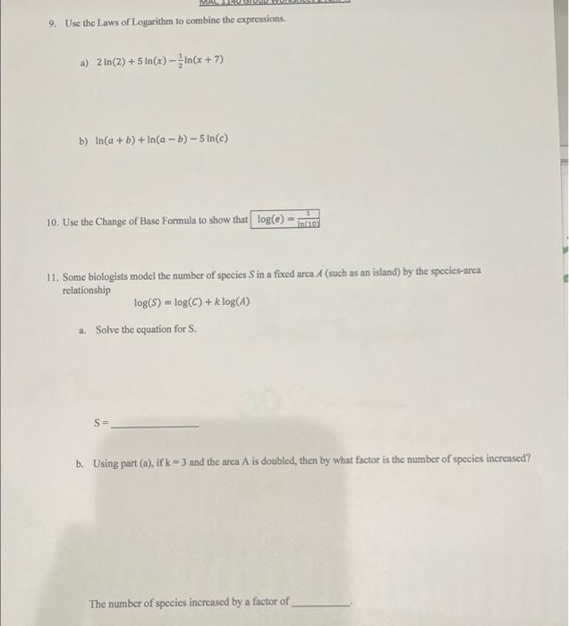 Solved 9. Use the Laws of Logarithm to combine the | Chegg.com