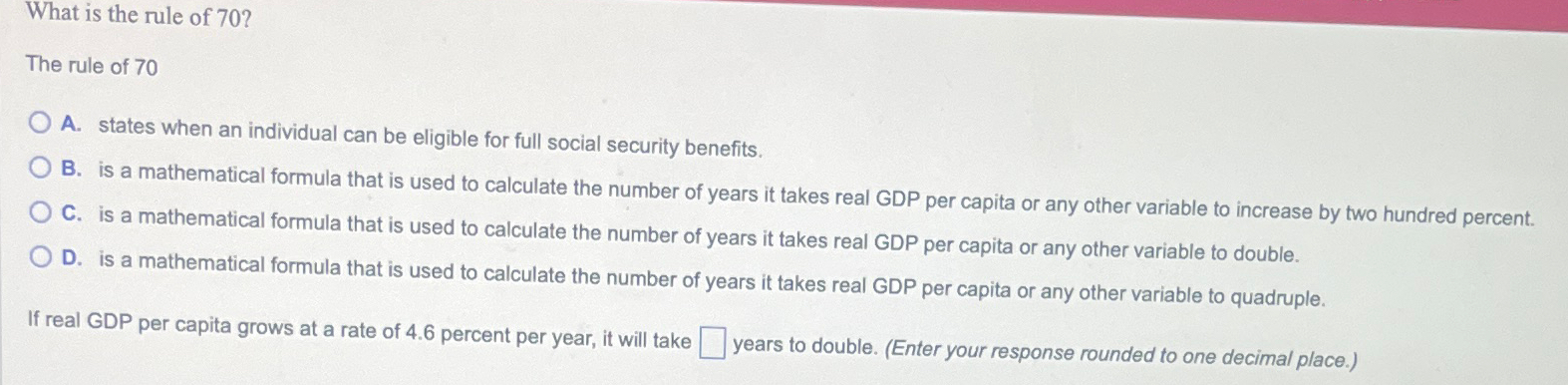 Solved What is the rule of 70 ?The rule of 70A. ﻿states when | Chegg.com