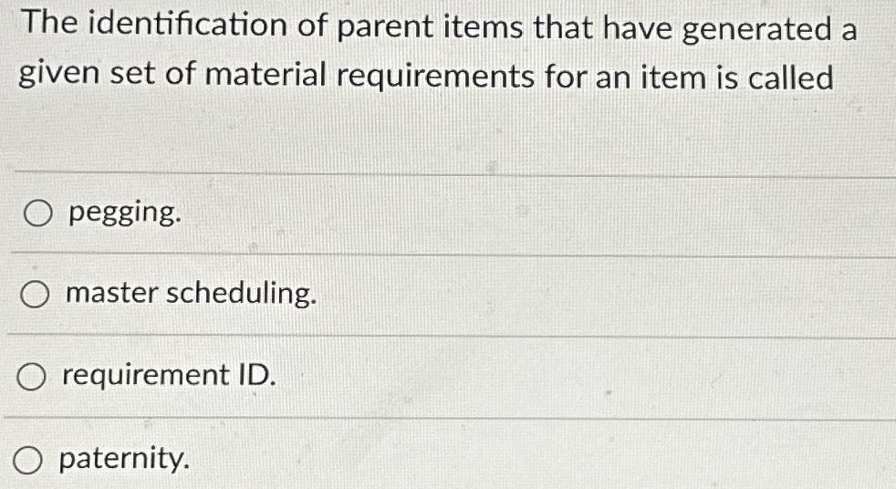 Solved The identification of parent items that have | Chegg.com
