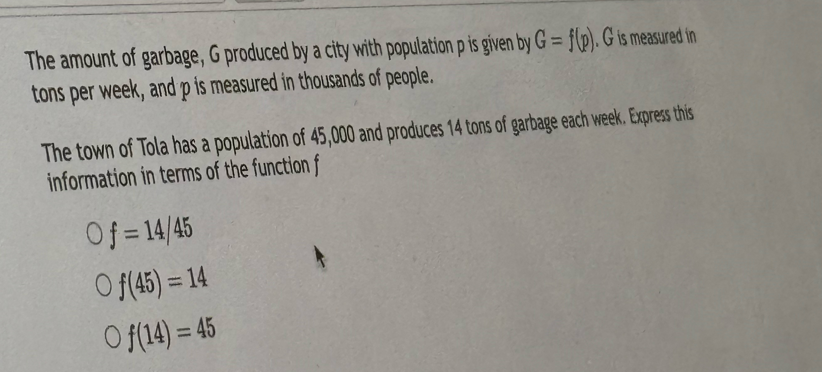 Solved The amount of garbage, G ﻿produced by a city with | Chegg.com