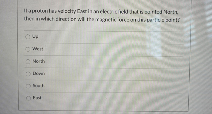Solved If a proton has velocity East in an electric field | Chegg.com