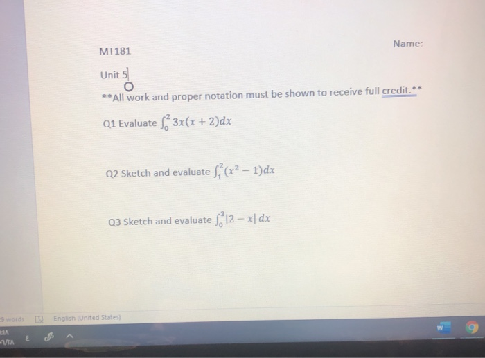 Solved Name: MT181 Unit 5 **All work and proper notation | Chegg.com
