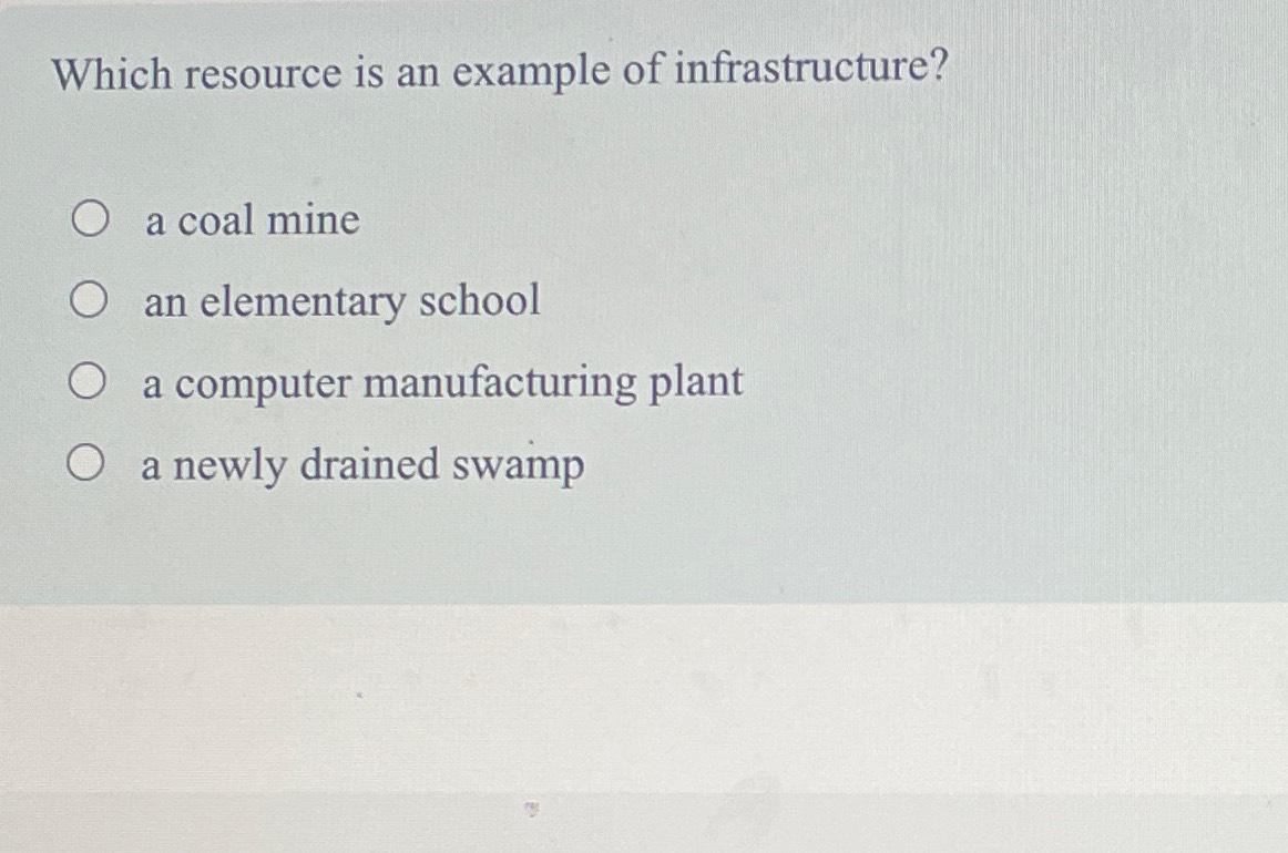 Solved Which resource is an example of infrastructure?a coal | Chegg.com