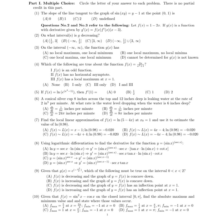 Solved Part I. Multiple Choice: Circle the letter of your | Chegg.com