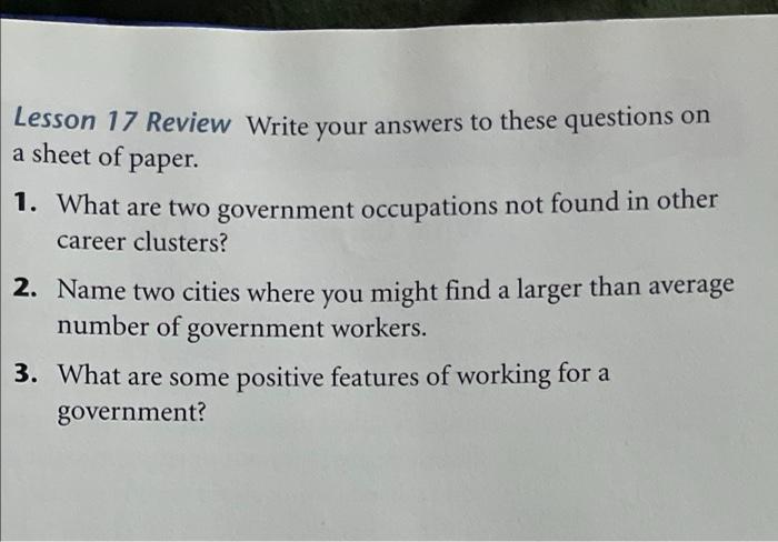 Lesson 17 Review Write your answers to these | Chegg.com