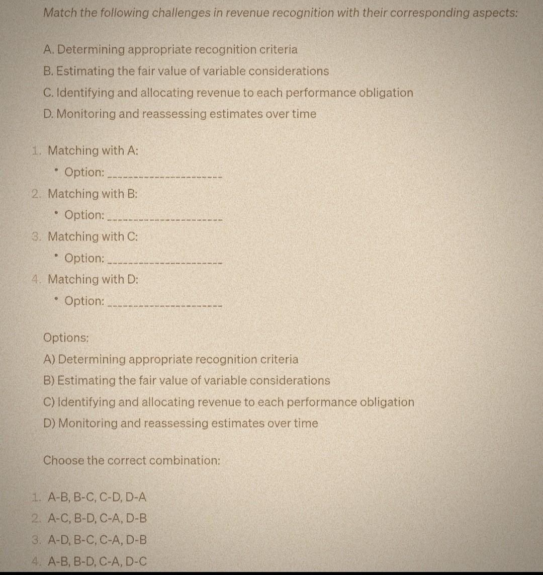 Solved Match the following challenges in revenue recognition | Chegg.com