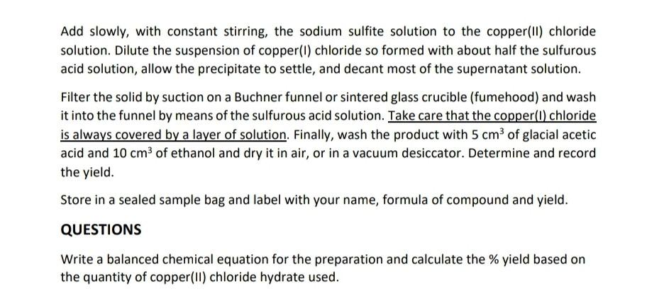 Solved PREPARATION OF COPPER(1) CHLORIDE, CUCI. Theory | Chegg.com