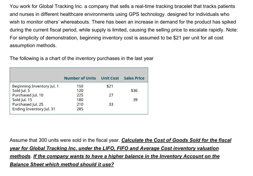 Solved You work for Global Tracking Inc. a company that | Chegg.com
