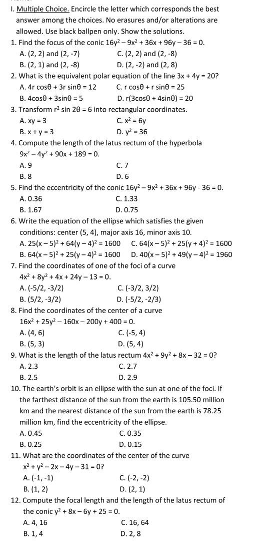Solved I. Multiple Choice. Encircle the letter which | Chegg.com