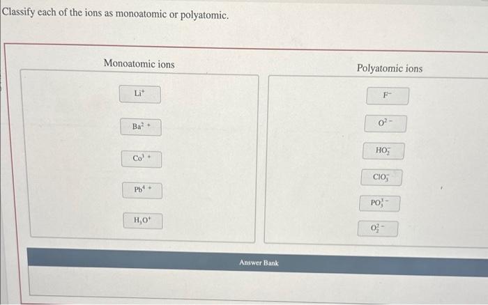 Solved Classify each of the ions as monoatomic or | Chegg.com