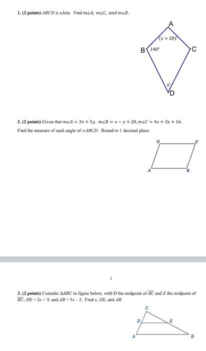 Solved 1. (2 points) ABCD is a kite. Find m2A, 2C, and mzD. | Chegg.com
