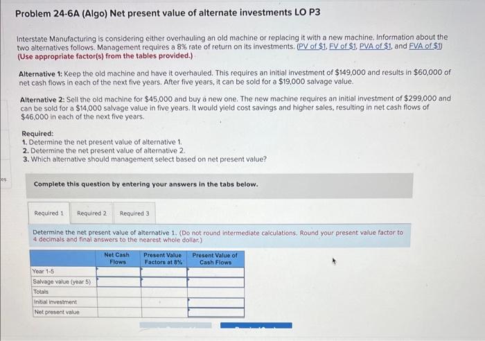 Solved Problem 24-6A (Algo) Net present value of alternate | Chegg.com