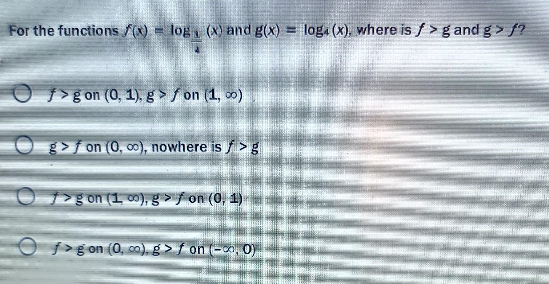 Solved For the functions f(x)=log41(x) and g(x)=log4(x), | Chegg.com