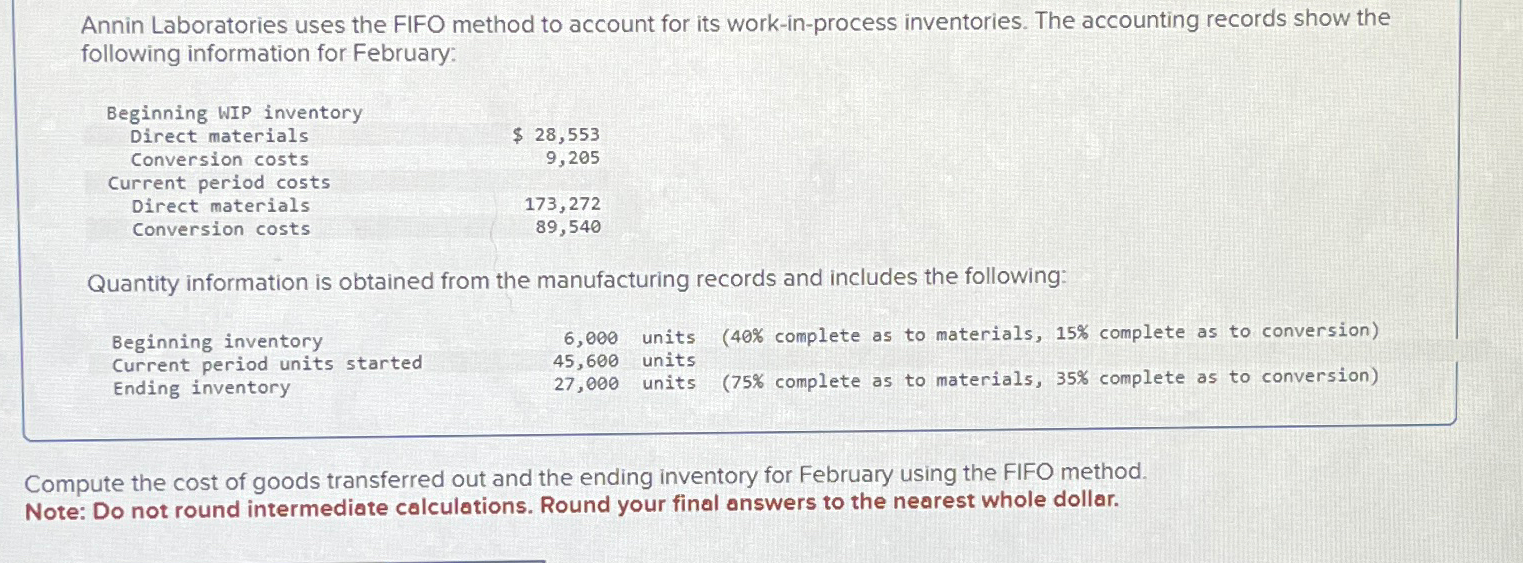 Annin Laboratories uses the FIFO method to account | Chegg.com