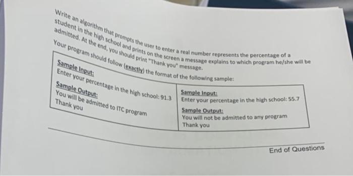 Solved Write an algorithm that prompts the user to enter a | Chegg.com
