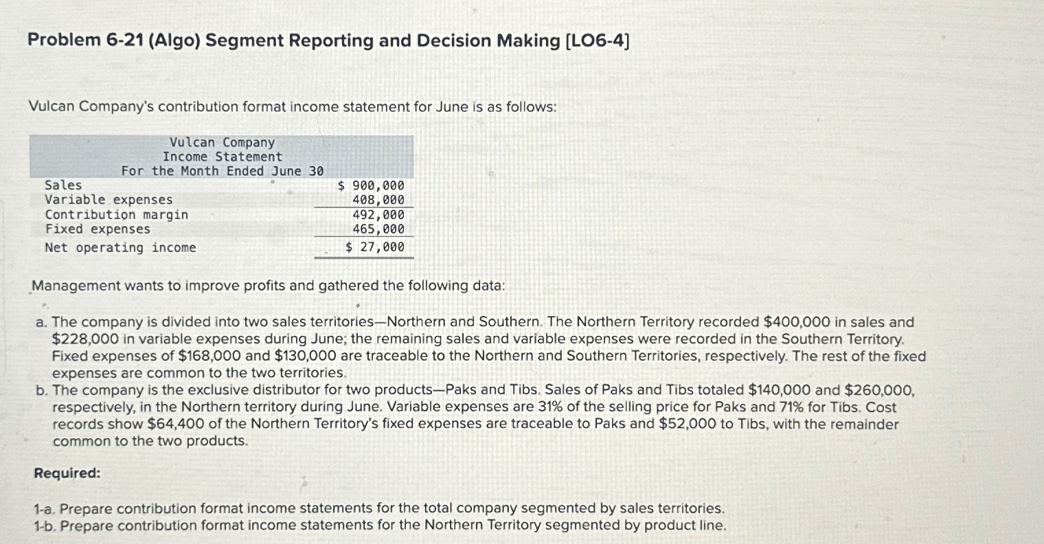 Solved Problem 6-21 (Algo) ﻿Segment Reporting and Decision | Chegg.com